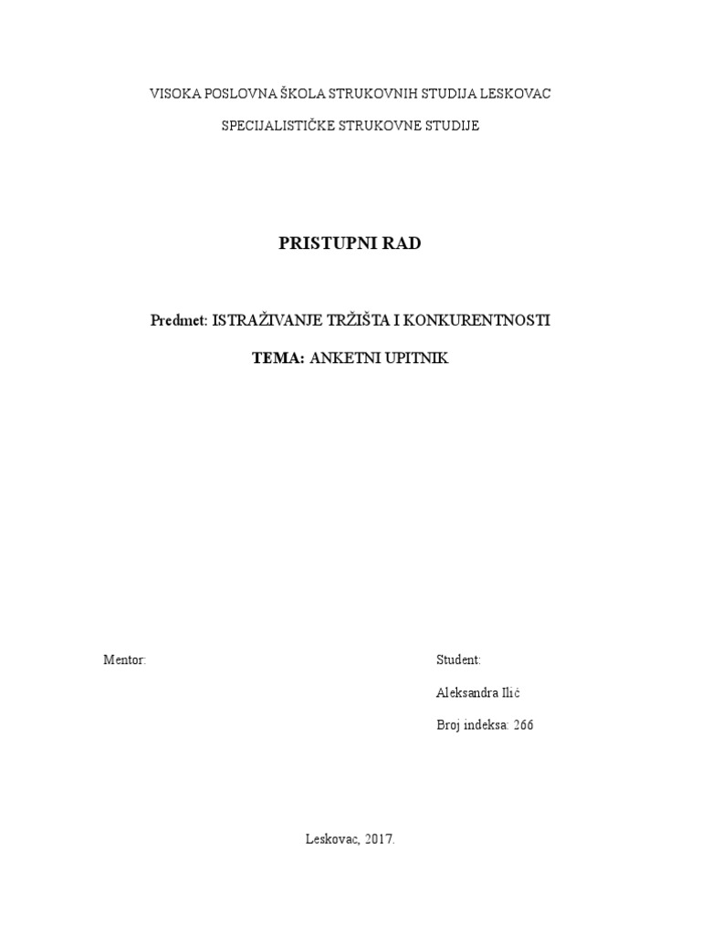 Aleksandra Ilić - Anketni Upitnik | PDF