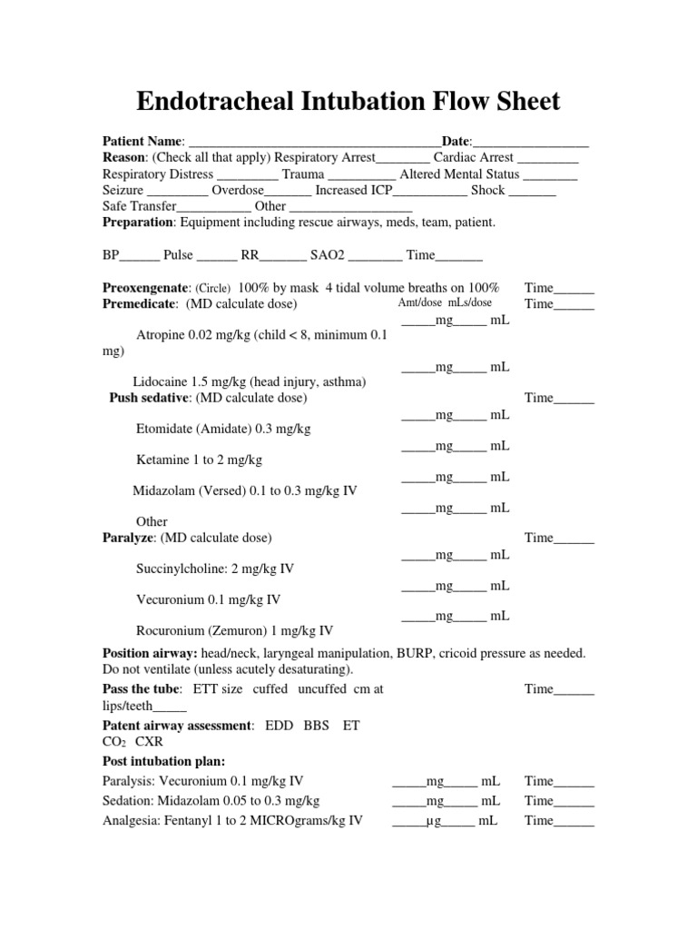 Endotracheal Intubation Flow Sheet.docx | Medical Specialties | Medical ...