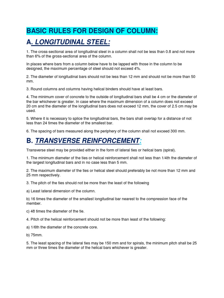 Basic Rules For Design of Column | PDF | Column | Concrete