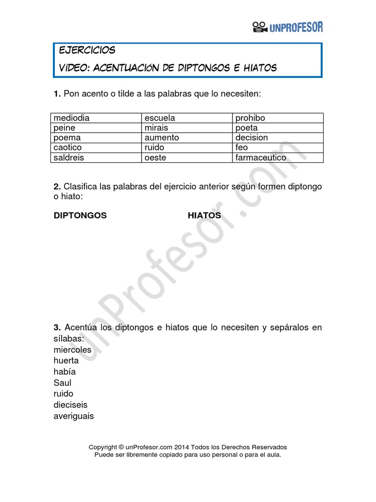 Ejercicio Acentuacion de Los Diptongos e Hiatos 70 PDF | PDF ...
