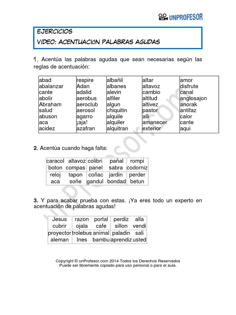 Ejercicio Acentuacion de Las Palabras Agudas 58 PDF | PDF
