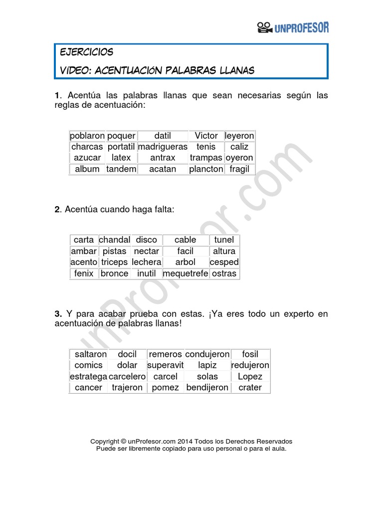 Ejercicio Acentuacion de Las Palabras Llanas o Graves 59 PDF | PDF