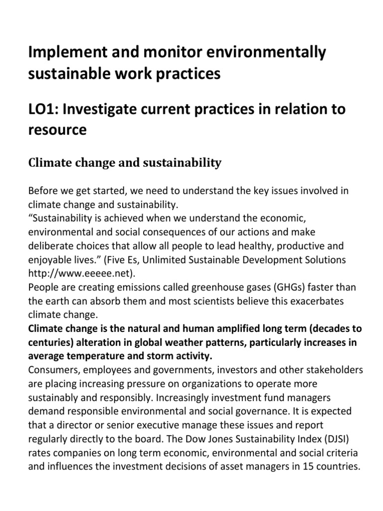 Implement and monitor environmentally sustainable work practices ...