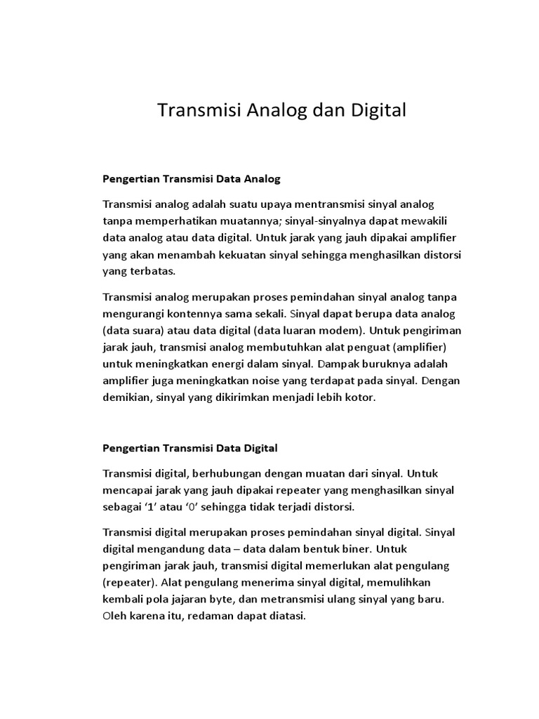Perbandingan Transmisi Analog dan Digital | PDF | Teknologi & Rekayasa