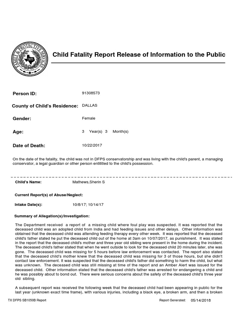 Child Fatality Report Release Of Info Pdf Child Abuse Death