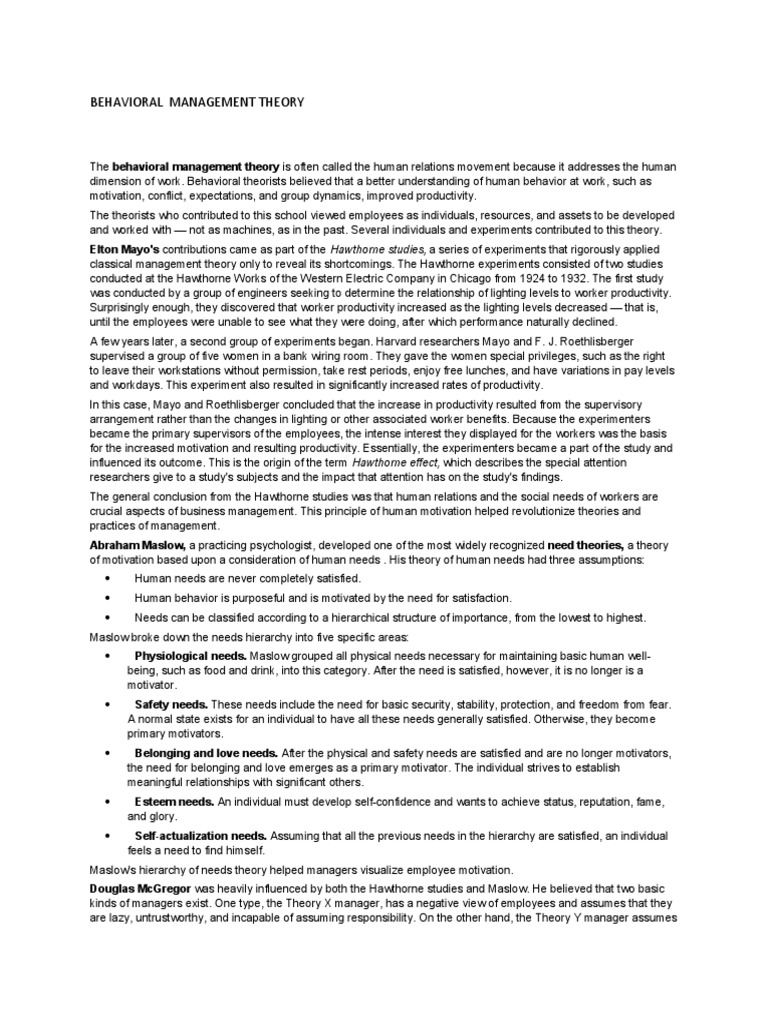 Behavioral Management Theory Overview | PDF | Motivational | Motivation