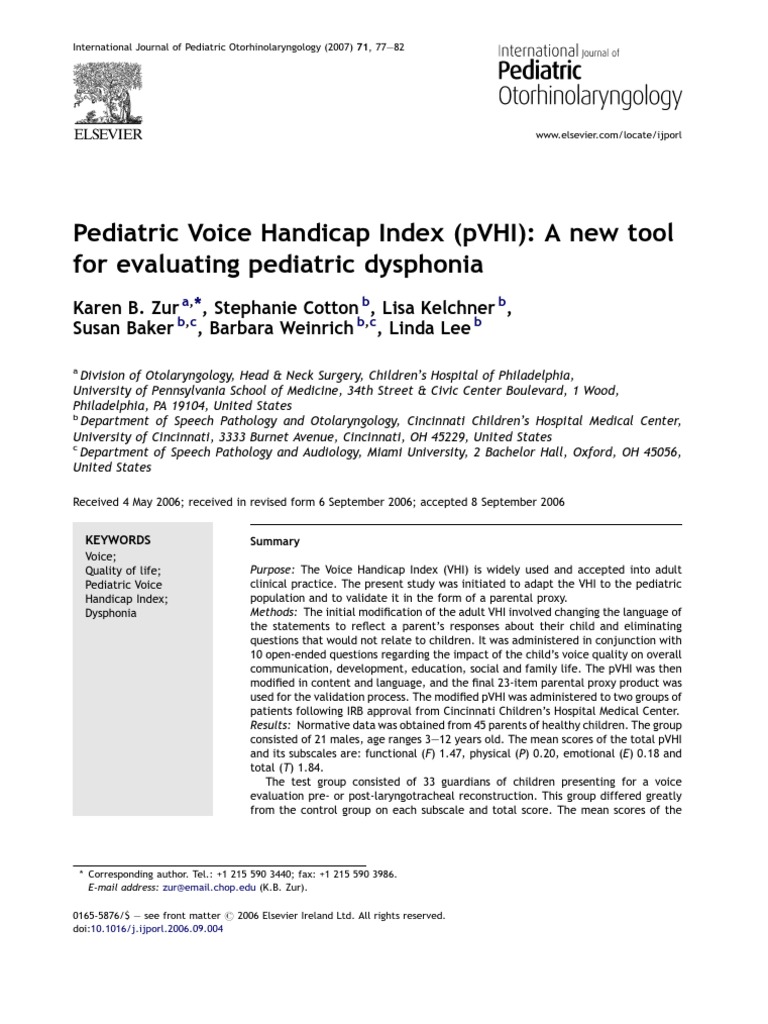 Pediatric Voice Handicap Index (pVHI) : A New Tool For Evaluating ...