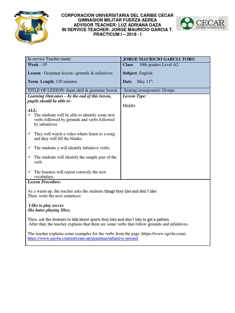 Lesson Plan Grammar Gerund or Infinitive | PDF | Semiotics | Grammar