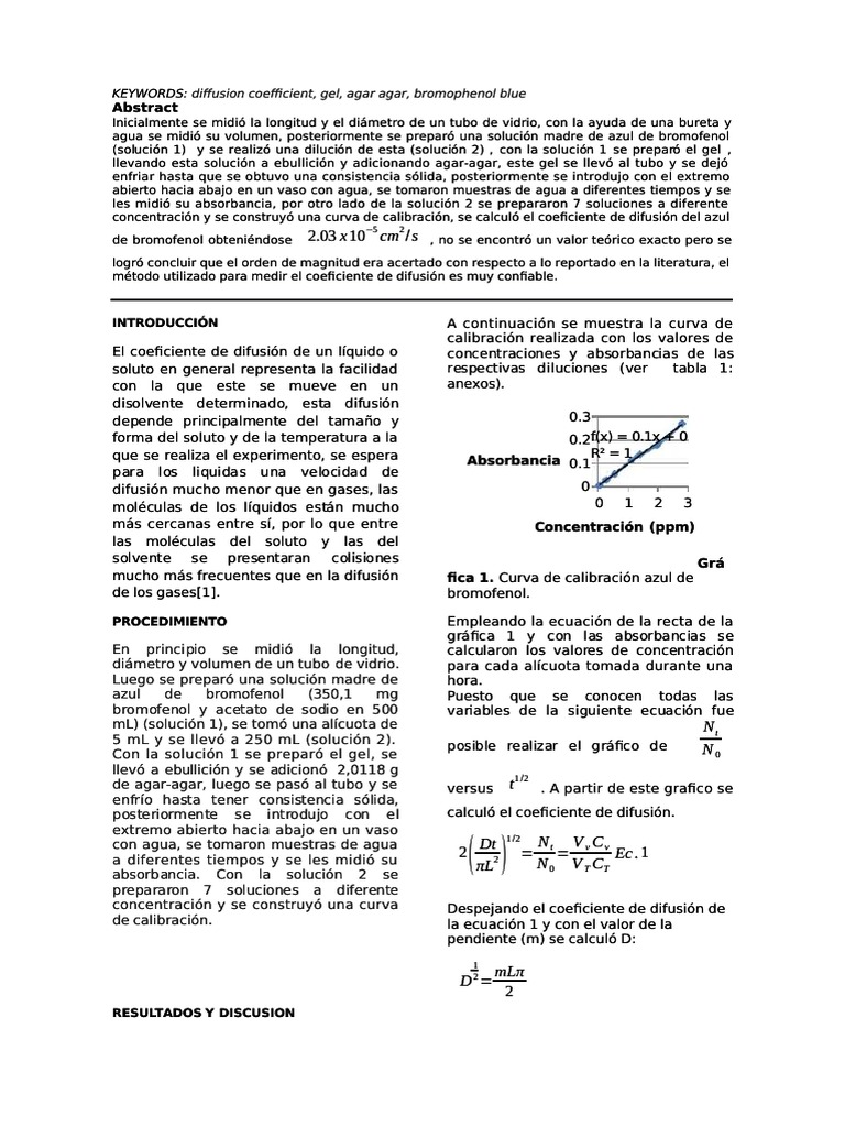 Determinacion Del Coeficiente de Difusion en Un Ge | PDF | Agar | Concentración