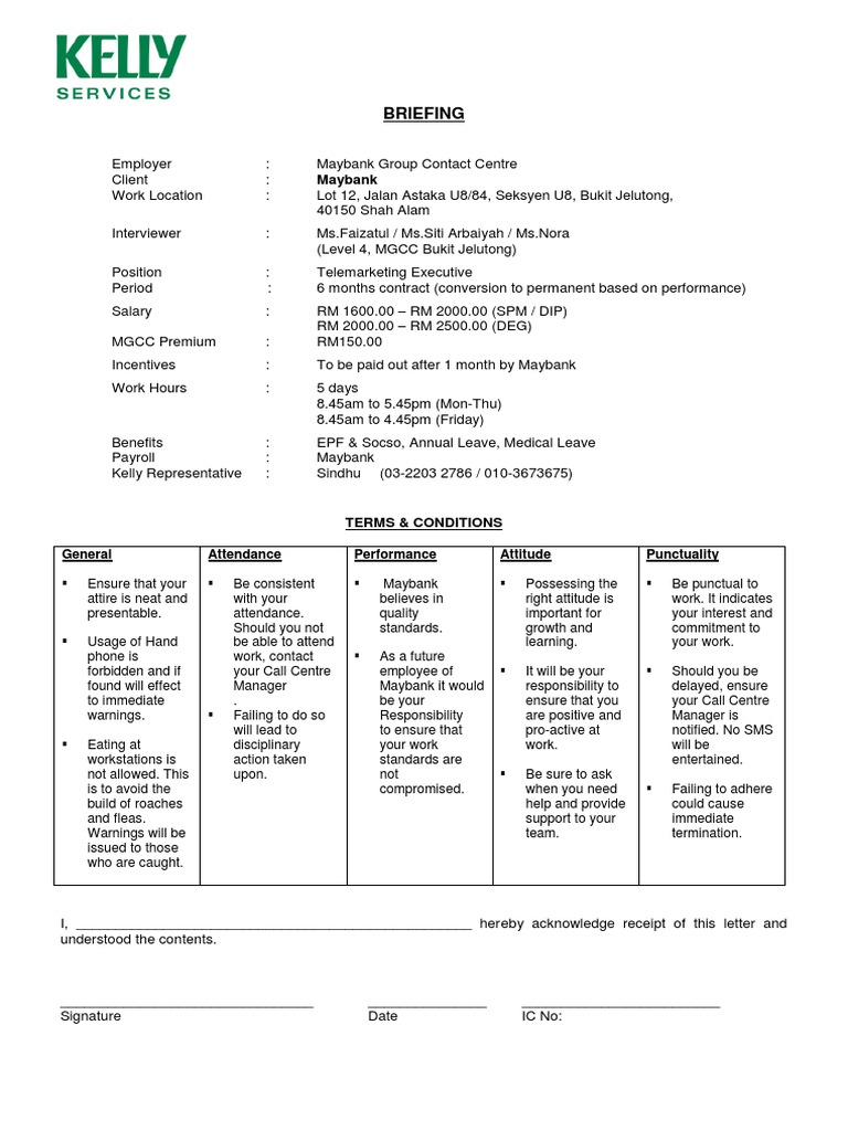 Briefing Form Perm (Telemarketing) - Bukit Jelutong | PDF | Employee ...
