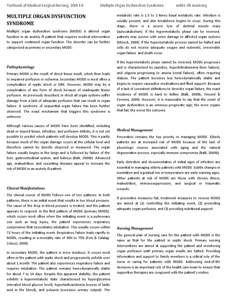 Multiple Organ Dysfunction Syndrome (MODS) | PDF | Shock (Circulatory ...