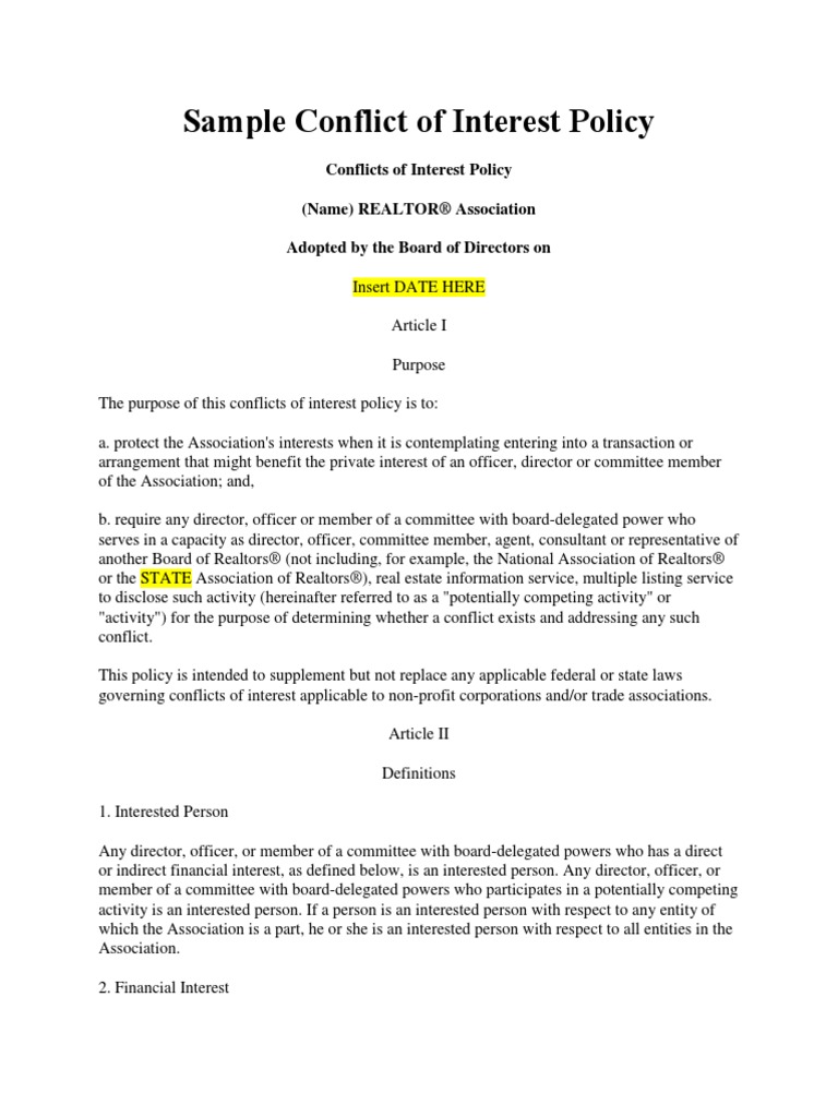 Supplement: Sample Conflict of Interest Policy | PDF | Conflict Of ...