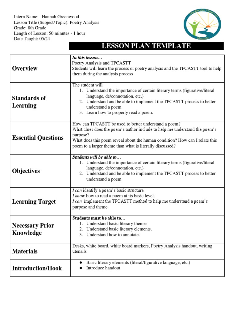 Tpcastt Lesson Plan | Download Free PDF | Lesson Plan | Educational ...