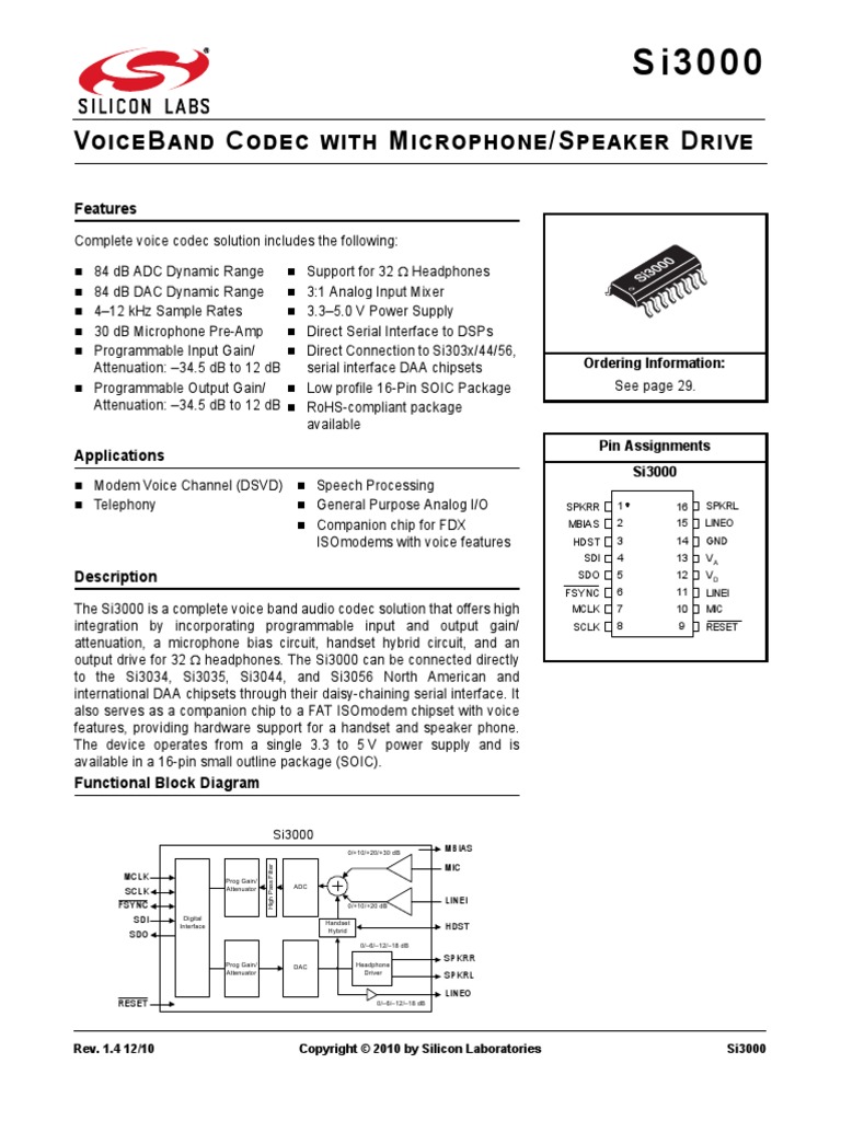 SLBS - SI3000 VoiceBand Codec With Microphone-Speaker Drive | PDF | Analog To Digital Converter ...