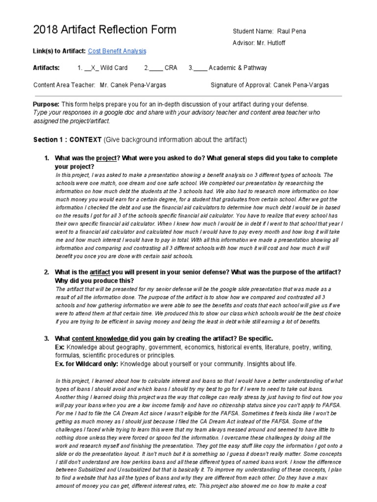 College Finance Artifact Reflection Form - Raul Pena | PDF | Loans ...