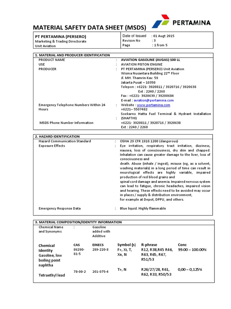 Avgas Msds | PDF | Dangerous Goods | Materials