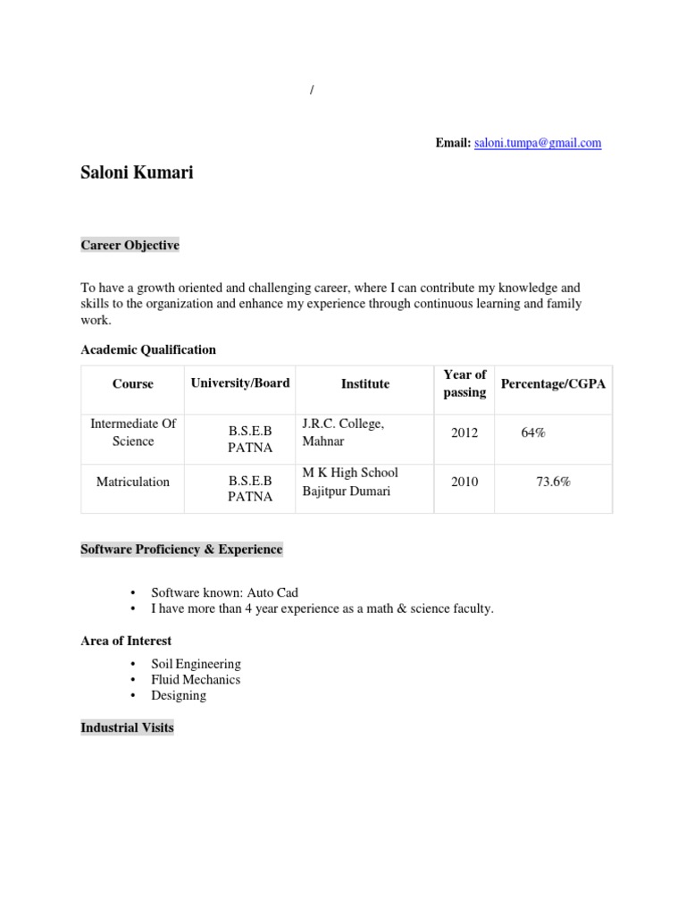 Saloni Kumari's Resume: Skills & Experience | PDF