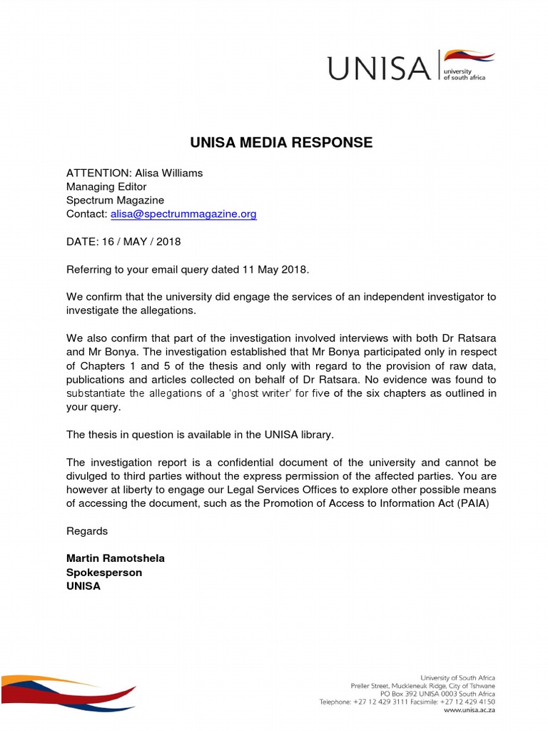 UNISA Response to Thesis Investigation Inquiry | PDF | Law