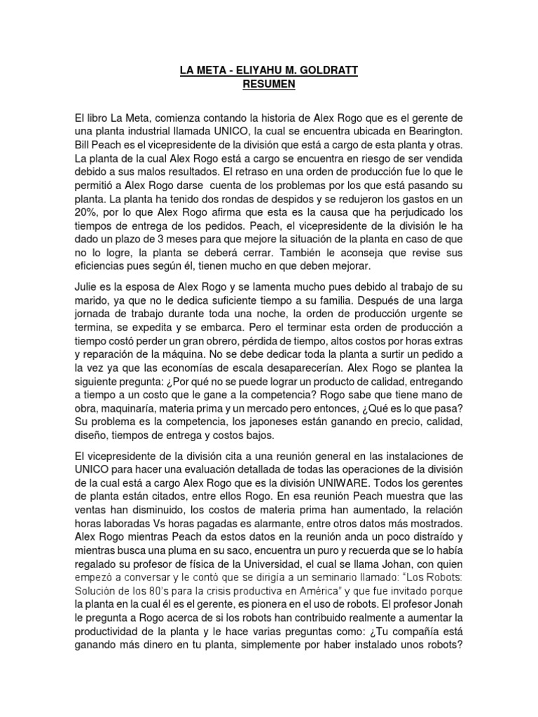 Resumen Del Libro La Meta | PDF | Calidad (comercial) | Mercado (economía)