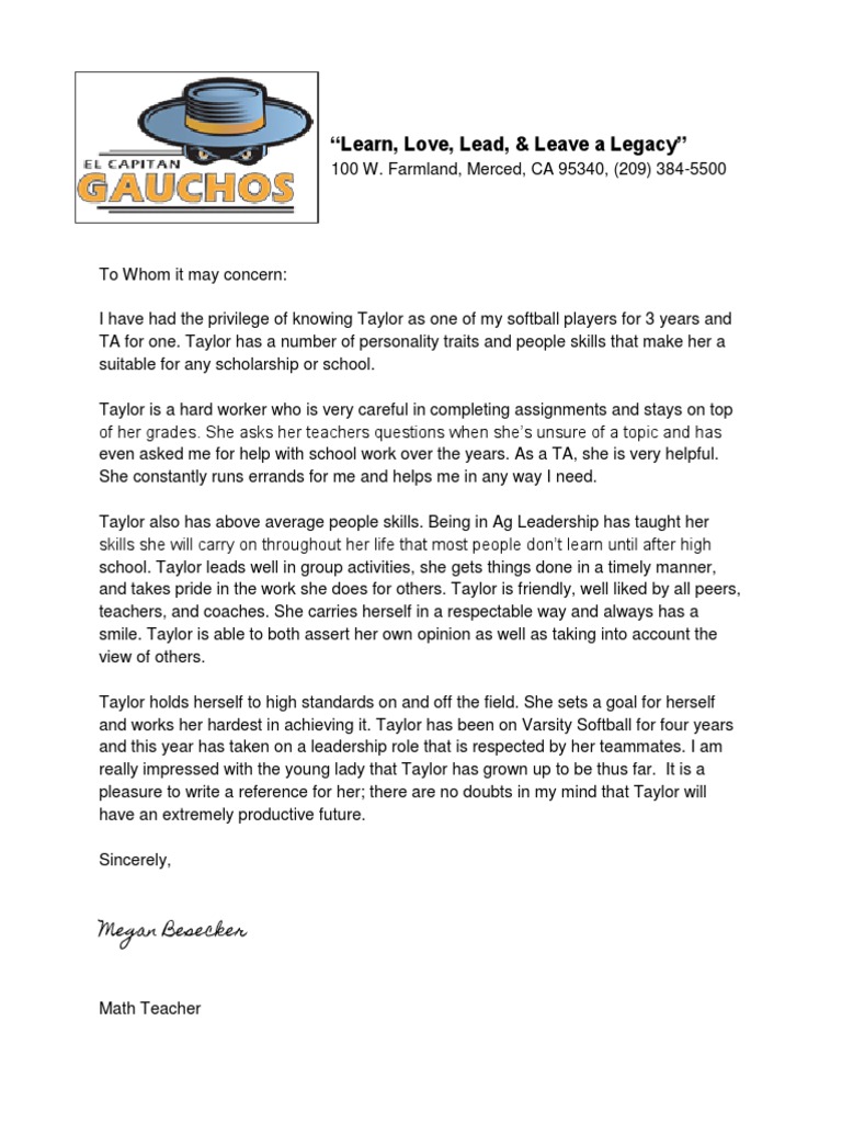 Letter of Rec - Taylor | PDF