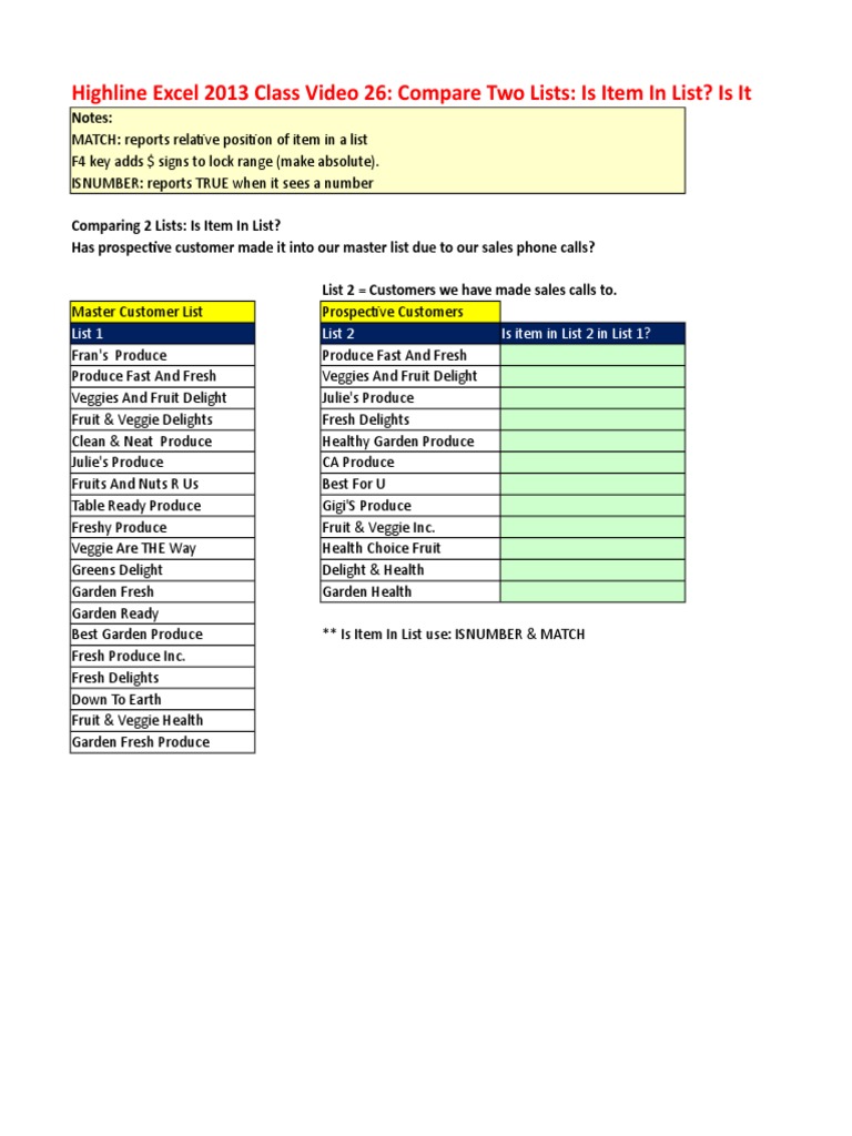 Highline Excel 2013 Class Video 26 Compare Two Lists Is Item In List 