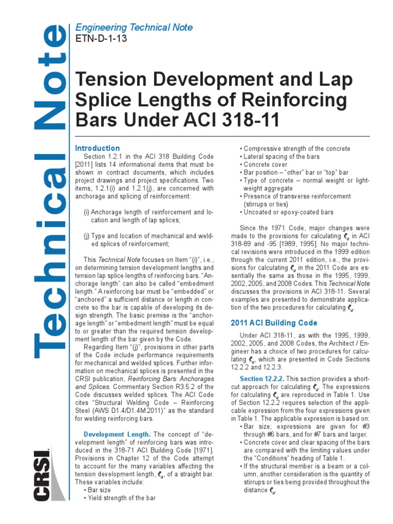 Tension Development and Lap Splice Lengths of Reinforcing Bars Under ACI 318 11 | PDF | Concrete ...