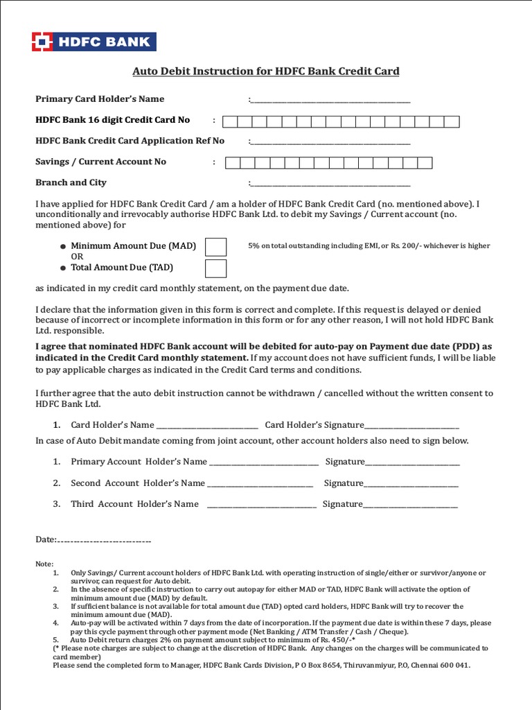 Auto Debit Instruction HDFC Bank CC | PDF | Debit Card | Debits And Credits