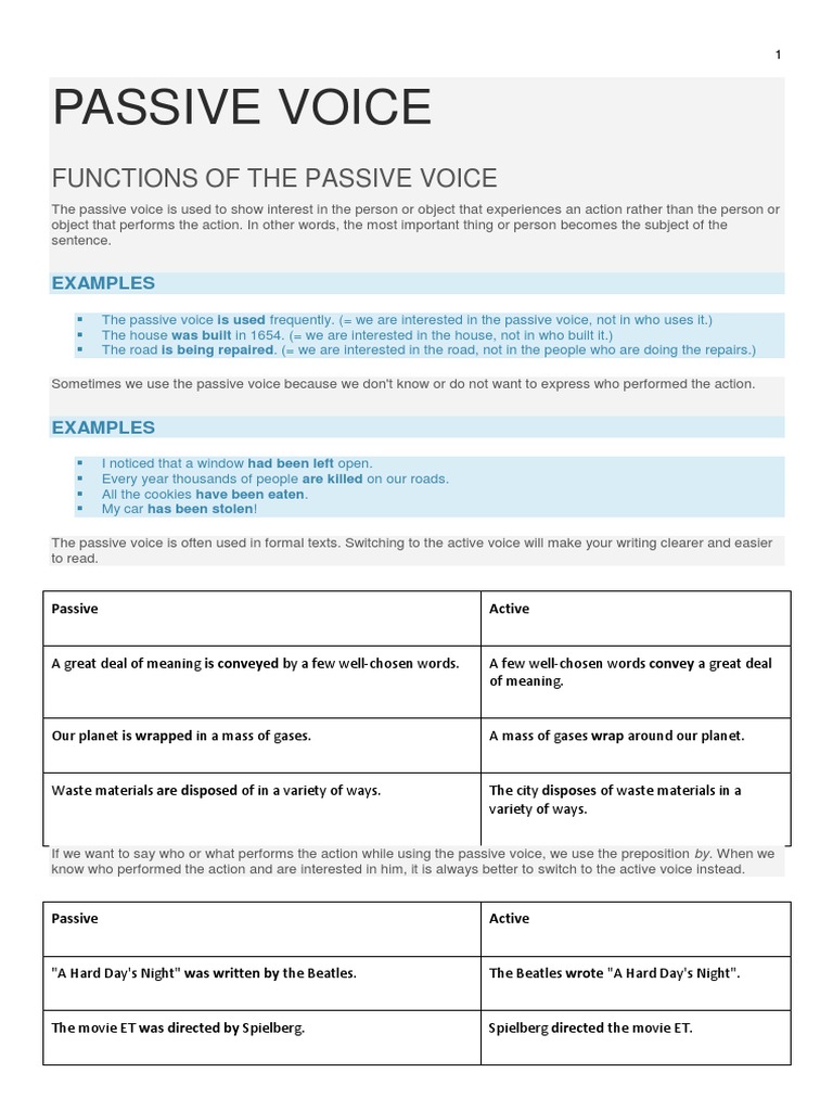 Functions of The Passive Voice | PDF | Perfect (Grammar) | Grammatical ...