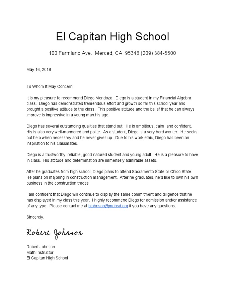 Diego Mendoza - Letter of Recommendation | PDF