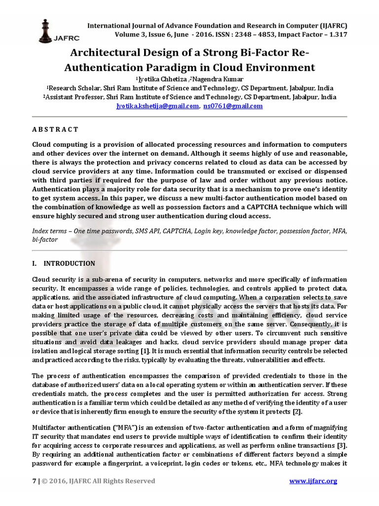 Architectural Design of A Strong Bi-Factor ReAuthentication Paradigm in Cloud Environment | PDF ...