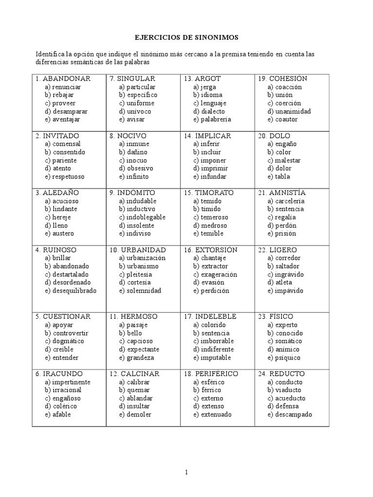 Ejercicios de Sinonimos | PDF