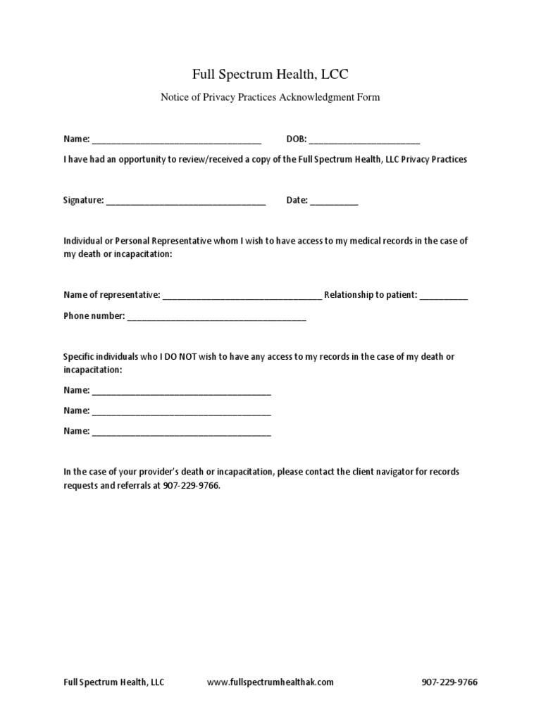 Full Spectrum Health Privacy Acknowledgment Form | PDF | Law