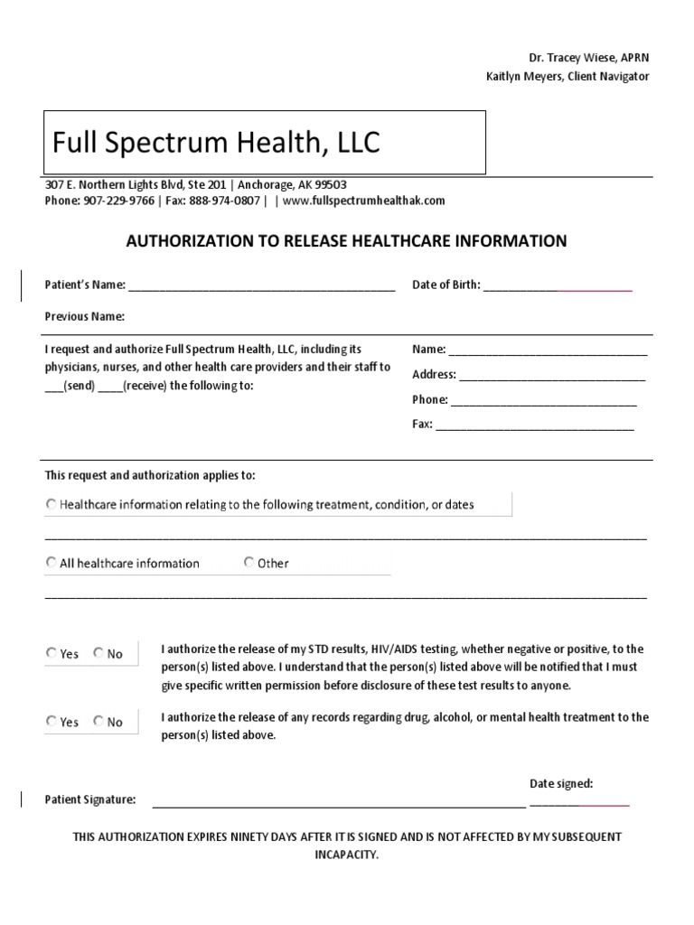 Full Spectrum Health, LLC: Authorization To Release Healthcare ...