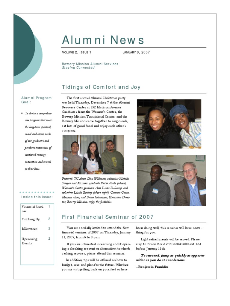 Jan 2007 Alumni Newsletter, Bowery Mission Program | PDF