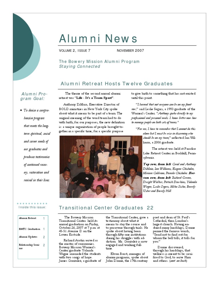 Nov 2007 Alumni Newsletter, Bowery Mission Program | PDF