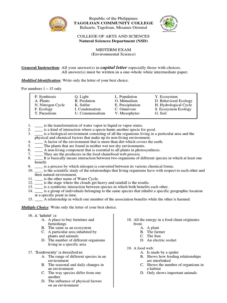 ES 101, Environmental Science (Midterm Examination) | PDF | Ecosystem ...