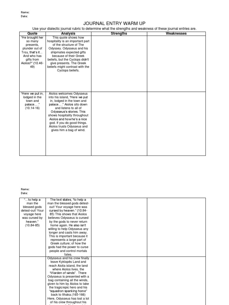 Journal Entry Warm Up | PDF | Odysseus | Odyssey