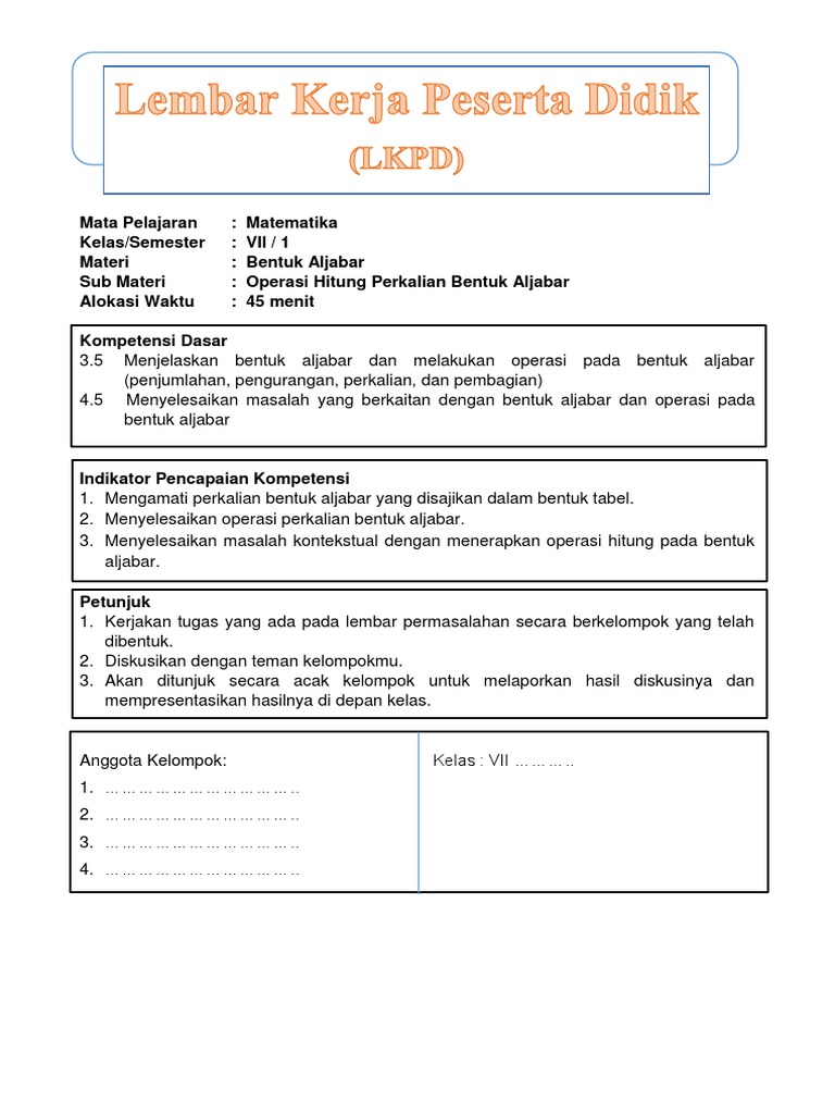 LKPD Bentuk Aljabar Perkalian Dan Pembagian