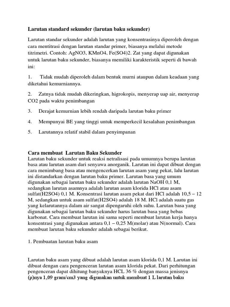 Larutan Standard Sekunder (Larutan Baku Sekunder) | PDF