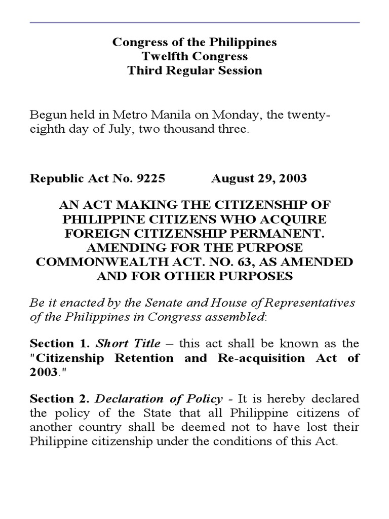RA 9225 Dual Citizenship | PDF | Citizenship | Allegiance