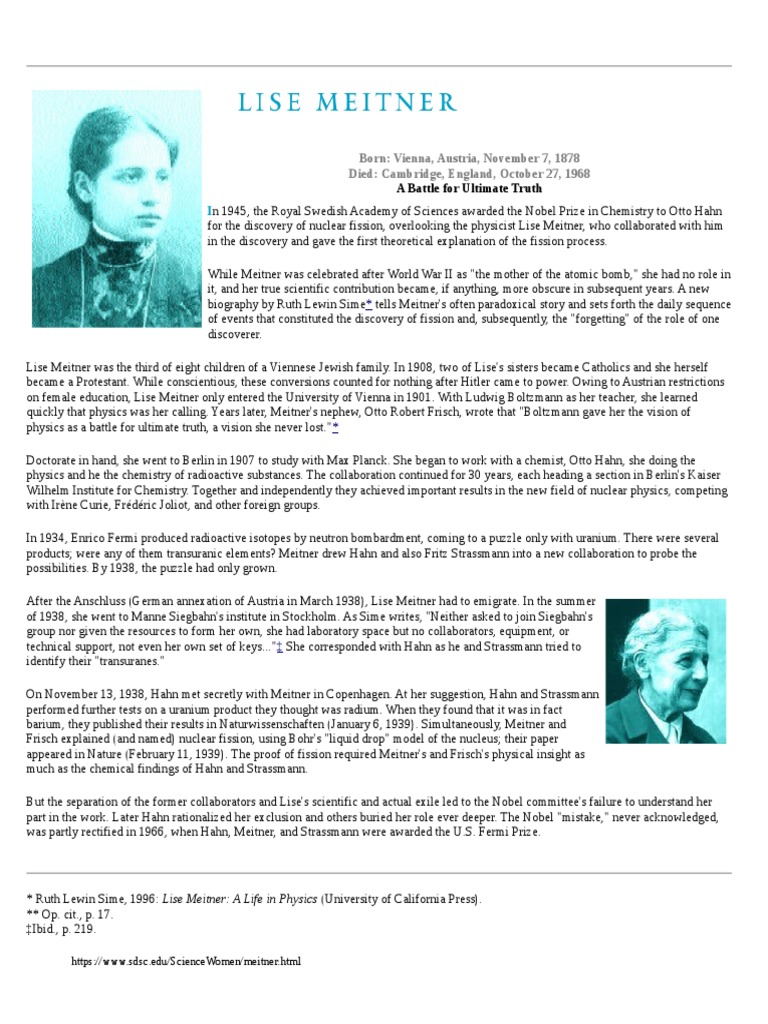 Lise Meitner: The Forgotten Discoverer of Nuclear Fission | PDF ...