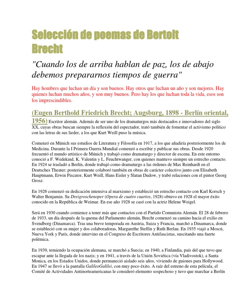 Selección de Poemas de Bertolt Brecht | PDF | Agitación | Naturaleza