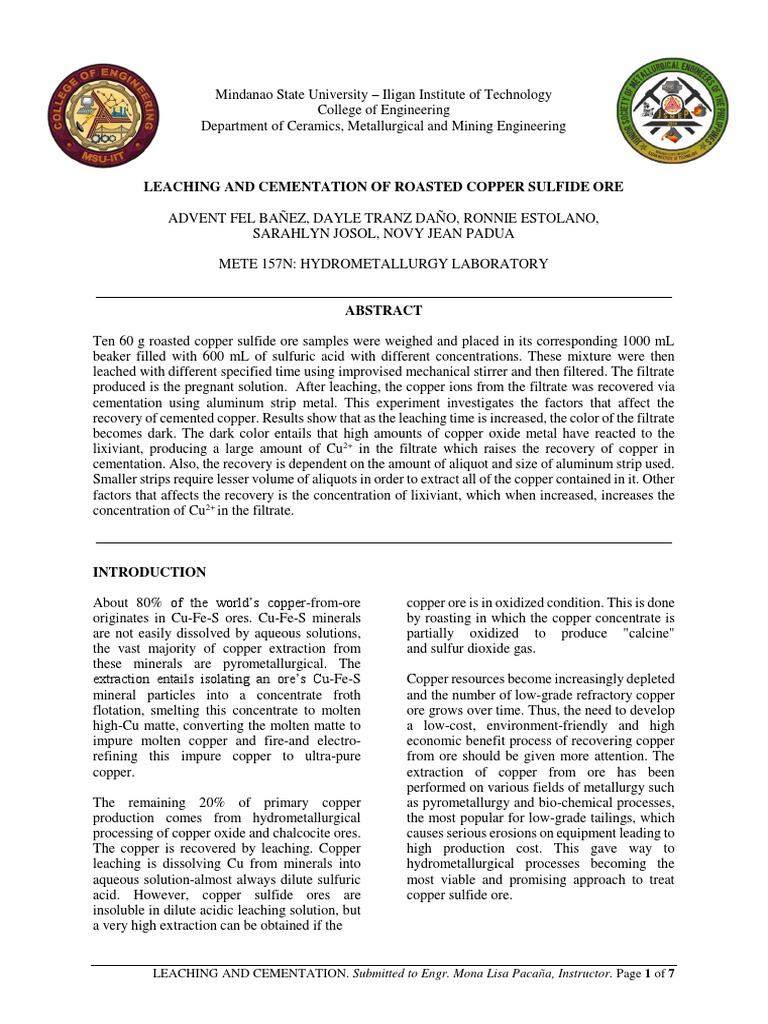 Leaching of Roasted Copper Sulfide Ore | PDF | Copper | Sulfuric Acid