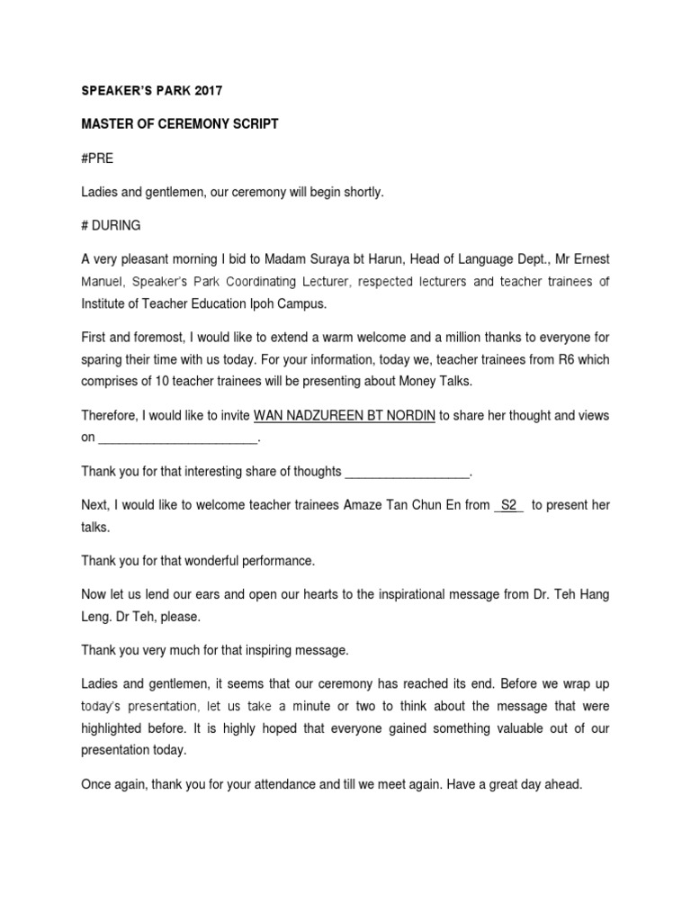 Speaker's Park Emcee Script | PDF | Career & Growth
