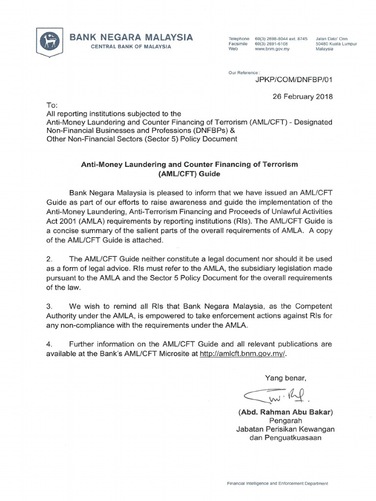 Anti-Money Launder - AML-CFT Guide BI 260218 With Letter | PDF | Money ...