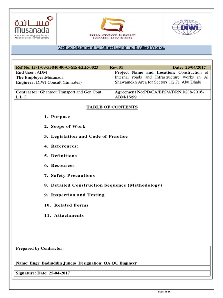 Method Statement for Street Lighting Installation | PDF | Occupational Safety And Health ...