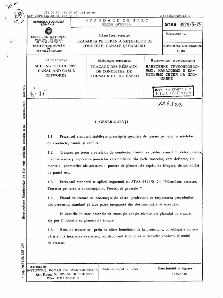 STAS 9824 5 75 Trasarea Pe Teren A Retelelor de Conducete Canale Si Cabluri PDF | PDF