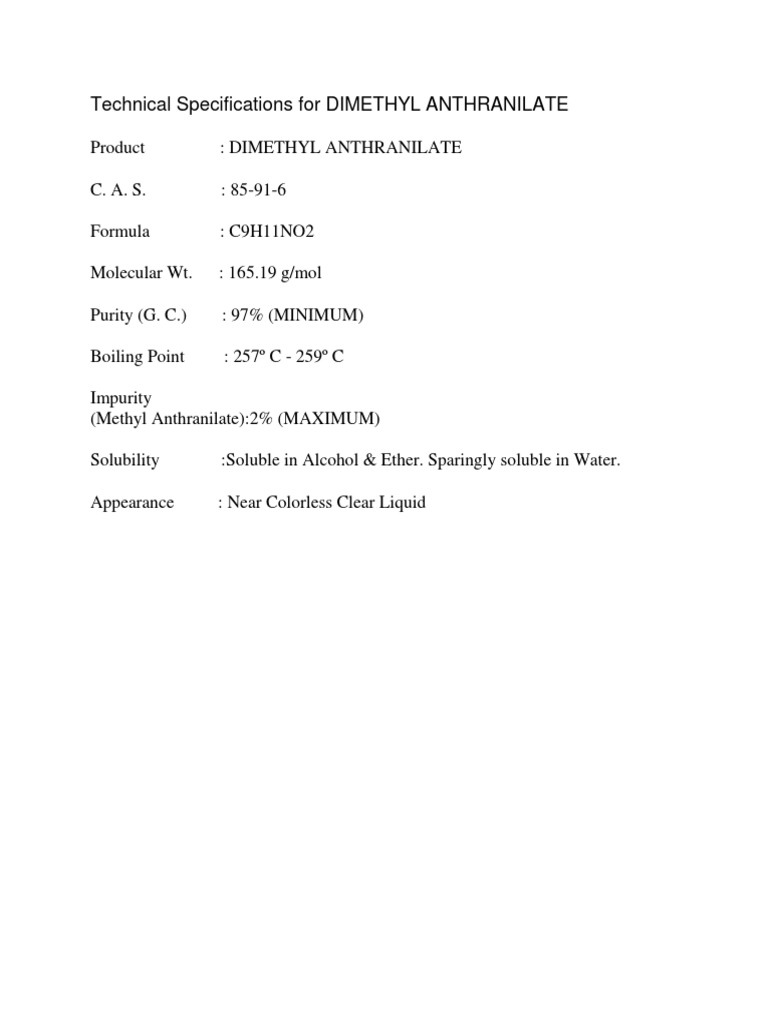 Technical Specifications For DIMETHYL ANTHRANILATE | PDF