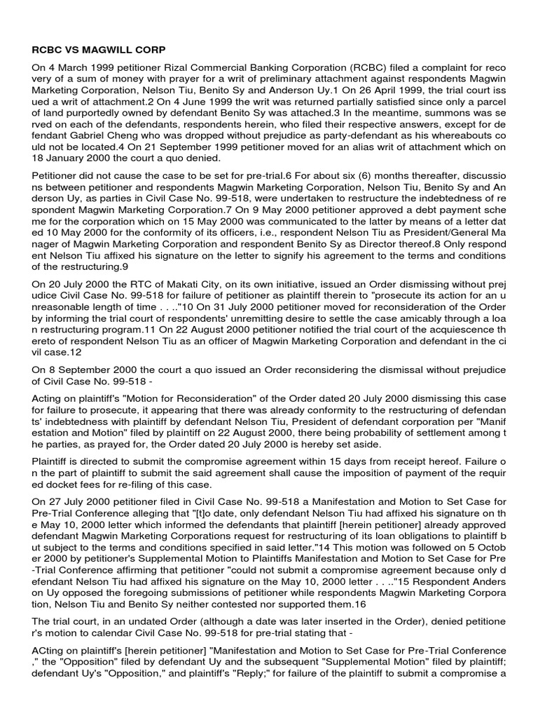 RCBC Vs Magwill Corp | PDF | Lawsuit | Complaint
