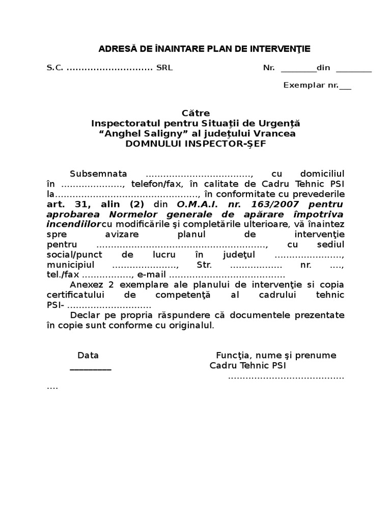 Adresa Inaintare Plan Interventie Model | PDF